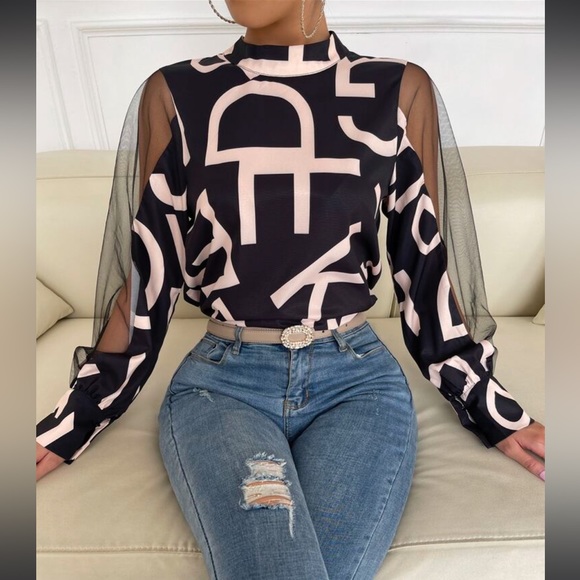 Tops | Classic Sheer Letters Alphabet Mesh Lace Long Sleeve Top Blouse ...